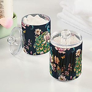 xigua 2 Pack Elegant Floral Peacock Apothecary Jars with Lid, Qtip Holder Storage Containers for Cotton Ball, Swabs, Pads, Clear Plastic Canisters for Bathroom Vanity Organization (10 Oz)