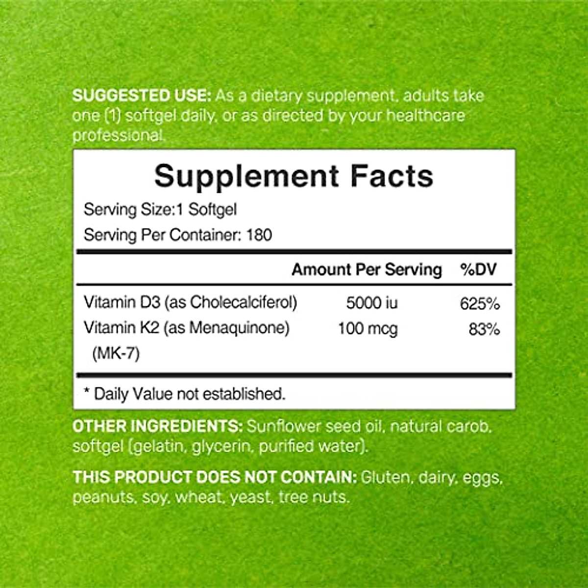DEAL SUPPLEMENT Vitamin D3 K2 Softgel, 180 Counts, 2-1 Complex, Vitamin D3 5000 IU & Vitamin K2 MK7, Promotes Heart, Bone & Teeth Health - Very Easy to Swallow