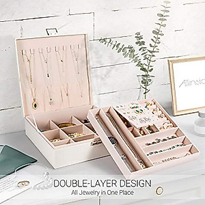 Allinside Capacious Jewelry Box Organizer for Girls Women Ladies, 2 Layers PU Leather Jewelry Storage Case with Lock, Birthday, Velvet Lining, White