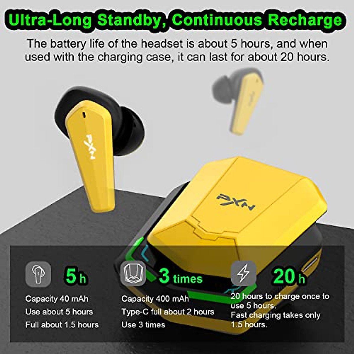 True Wireless Earbuds with Microphones, PXN S2 In-Ear Headphones, Sound Stereo Earbuds, Low-latency Gaming Earphones Built-in Dual Microphone, Includes Compact Charging Case & 3 Pairs Ear Tips -Yellow