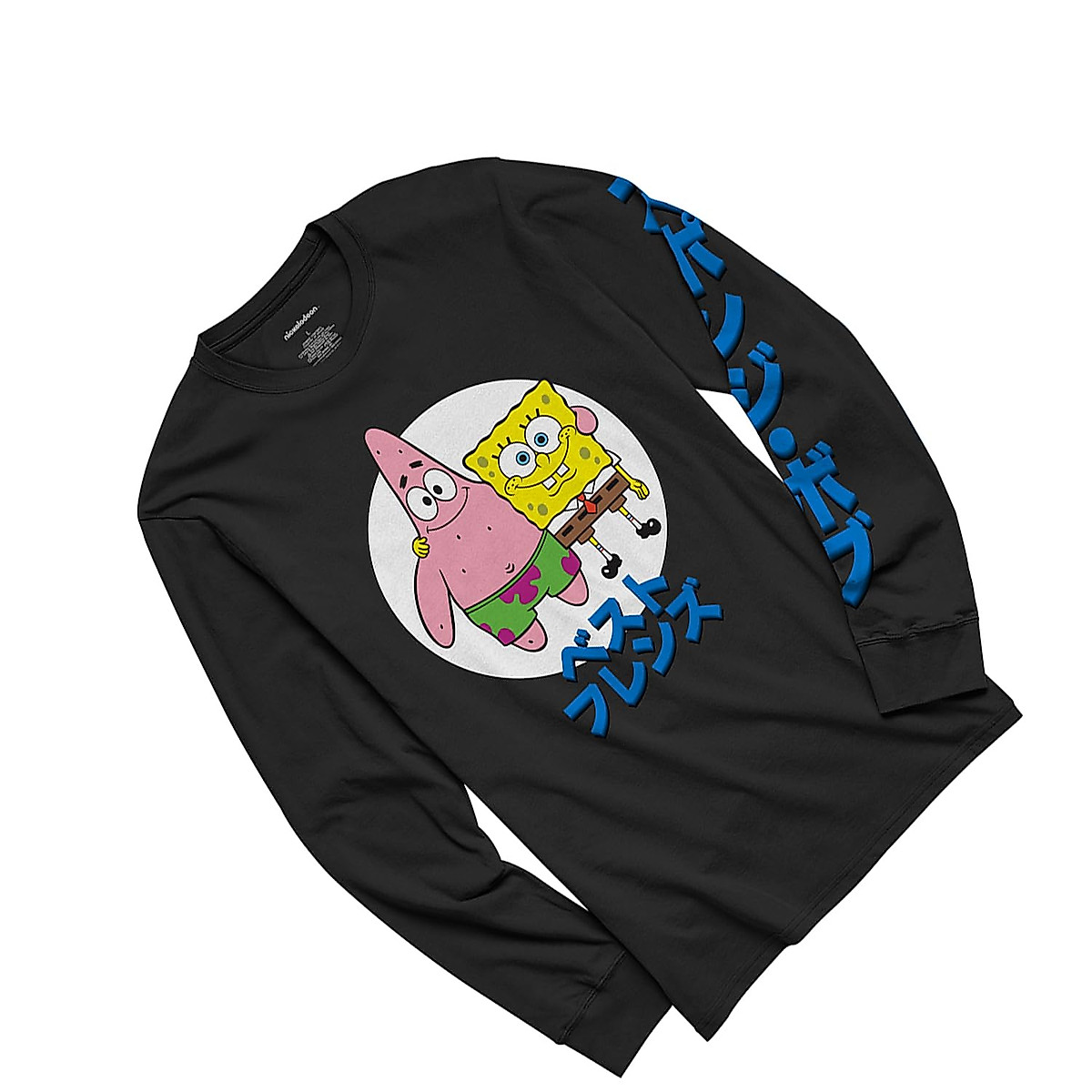 Mens Spongebob Squarepants Shirt - Spongebob, Patrick & Krusty Krab Long Sleeve Tee (Black Kanji, Medium)