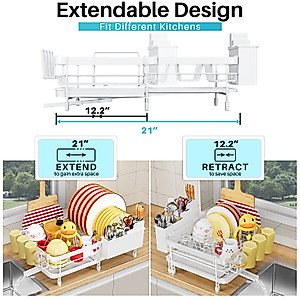 YKLSLH Expandable Dish Drying Rack Dish Racks for Kitchen Counter, Space Saving Dish Rack,Durable Kitchen Drying Rack with Drainboard, Glass Holder, Utensil Holder - White