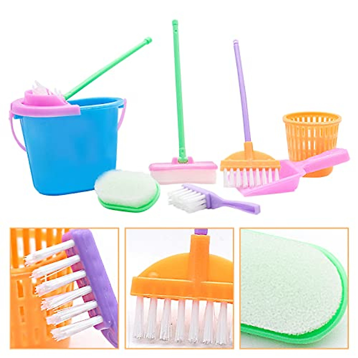 9 Pieces Miniature Dollhouse Cleaning Supplies, Mini Mop, Dustpan, Brush, Broom and Bucket Housework Tools, Doll House Accessories Pretend Play Decoration