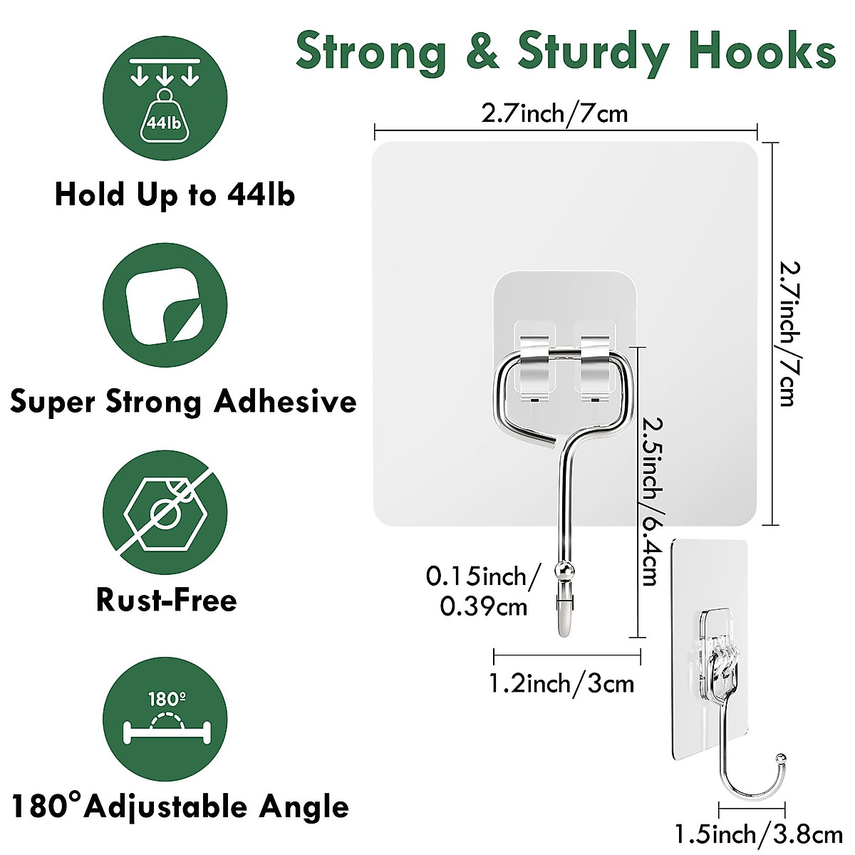 Lsnisni 20 Pack Large Adhesive Hooks, Wall Hooks for Hanging Heavy Duty 22Ib(Max), Clear and Removable Strong Sticky Hooks, Waterproof and Rustproof Multiple Uses for Bathroom Kitchen Office