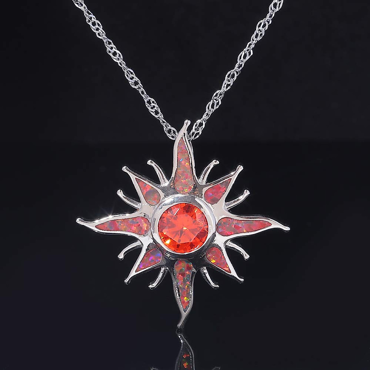 CiNily Created Orange Fire Opal Orange Garnet Rhodium Plated Women Jewelry Gemstone Pendant Necklace 1 1/4"