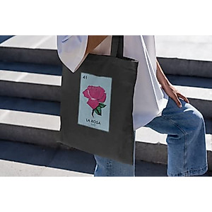 Pop Threads La Rosa Rose Loteria Card Mexican Bingo Black 15x15 inches Large Canvas Tote Bag