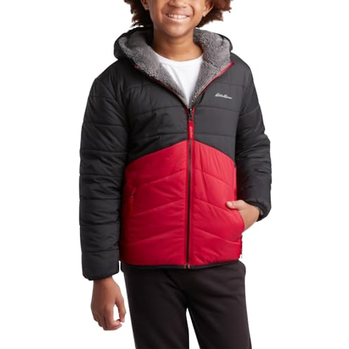 Eddie Bauer Boys' Reversible Jacket - Waterproof Lightweight Fleece Lined Hooded Puffer Coat - Boys Outerwear Jacket (5-20), Size 7-8, Chili Pepper