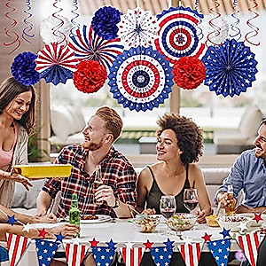 Fourth of July Decorations Red White Blue Decorations Set of Paper Fans, USA Flag Pennant Bunting, Pom Poms, Hanging Swirls, Star Streamer, Head Bopper for Memorial Day Veterans Decor