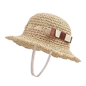 JANGANNSA Baby Girl Straw Hat Outdoor Baby Sun Protection Hats Summer Bowknot Beach Cap for Infant Toddler Girls (Beige Bow, 6-12 Months)