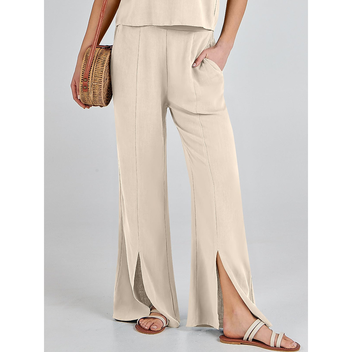 Caracilia Women's Linen Palazzo Pants Summer Beach Boho Wide Leg High Waist Front Split Elastic Waisted Trousers Casual Loose Flowy Pant with Pocket Beige C128A0-mise-S
