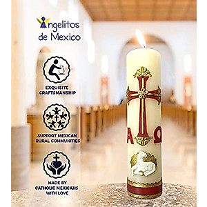 Alpha Omega Candle for Baptism, Confirmation, Easter Lent Cirio para Bautizo, Confirmacion O Boda Cirio Pascual (Red)
