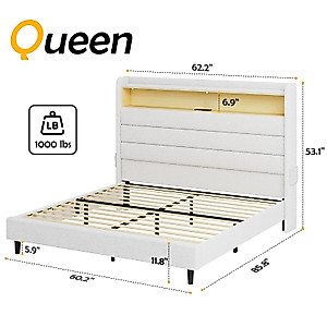 Jocisland Queen Bed Frame with Tall Headboard and LED Lights Charging Station Upholstered Platform Bed Wingback, No Box Spring, Boucle White