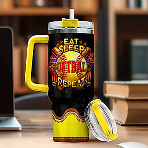 99OWL Softball Eat Sleep Repeat, Tumblers Yellow Modern Glitter Simple Red Handle Black Insulated Straws, Tumbler 40 Oz With Handle Lid And Straw, Softball Gifts