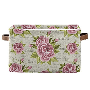 Vintage Peony Flowers Storage Basket Fabric Storage Bin Laundry Baskets Rose Leaves Foldable Storage Boxes Organizer Bag for Baby Cloth Dog Toy Book Storage Cubes Shelf Closet Basket 16×12×8 Inches