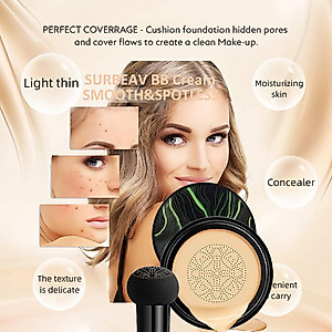 Air Cushion CC Cream Mushroom Head Foundation, 2 PCS Amazfly Moisturizing BB Cream Face Primer Makeup Long Lasting Matte Concealer Bright Makeup Base Long Lasting with Mushroom Makeup Sponge and Powder Brush (Natural+Face Primer)