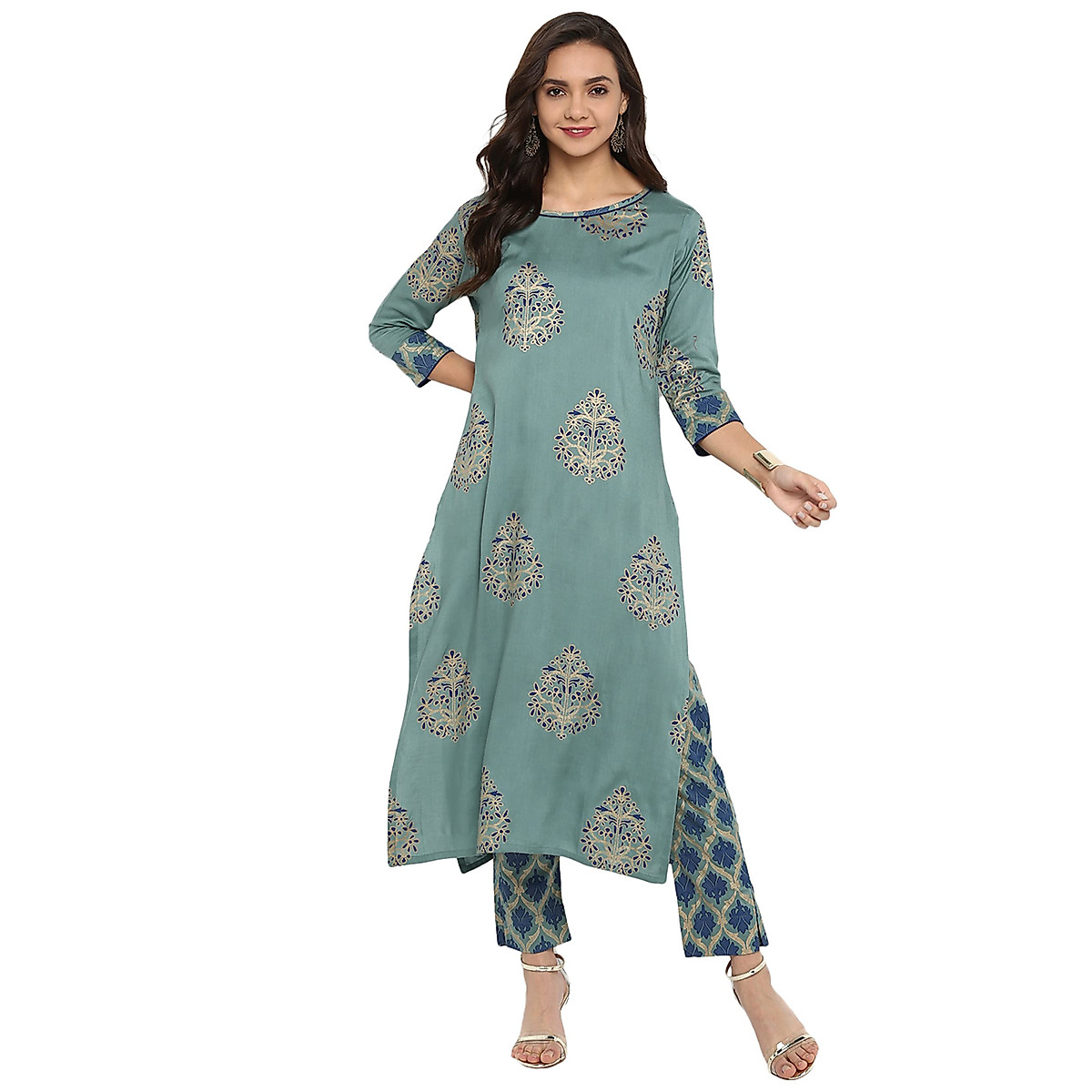 Janasya Indian Women's Tunic Tops Rayon Kurti Set for Women(SET094-KR-NP-S) Turquoise