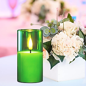 Girimax Green Glass Flameless Candles with Remote, Flickering LED Votive Pillar Candles Battery Operated Slim Tall Candles Φ 2" H 3" 4" 5" 6" 7"