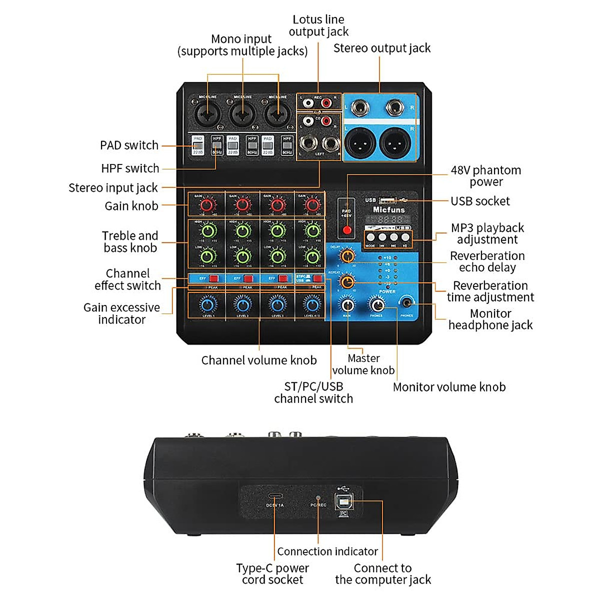 Mini audio DJ mixer Sound Board Console System,5 Channel 48V Phantom Power with Bluetooth USB MP3 Stereo live DJ Studio Streaming for professional recording party KTV stage