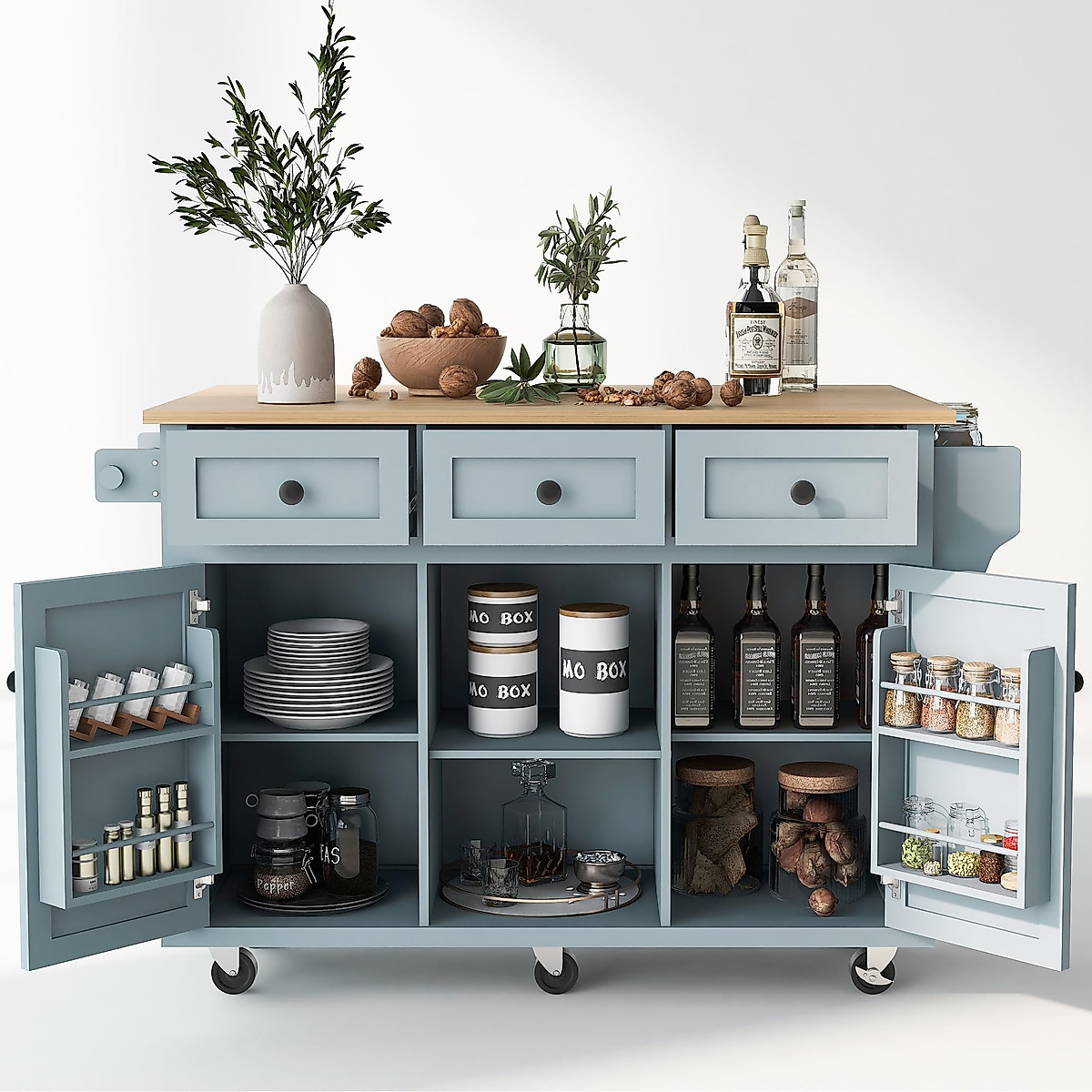 LUMISOL Kitchen Island with Drop Leaf, Rolling Kitchen Island Cart with Internal Storage Racks, Wood Kitchen Island on Wheels with Drawers, Spice Rack & Towel Rack, for Kitchen, Gray Blue