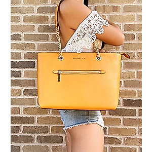 Michael Kors Jet Set Medium Leather Front Pocket Zip Chain Tote Bag (Honeycomb Yellow)