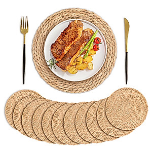 KesaPlan Round Woven Placemats Set of 12, 12" Round Rattan Placemats, Natural Wicker Placemats, Hand-Woven Water Hyacinth Placemats, Boho Placemats, Non-Slip, Heat Resistant for Dining Table Party