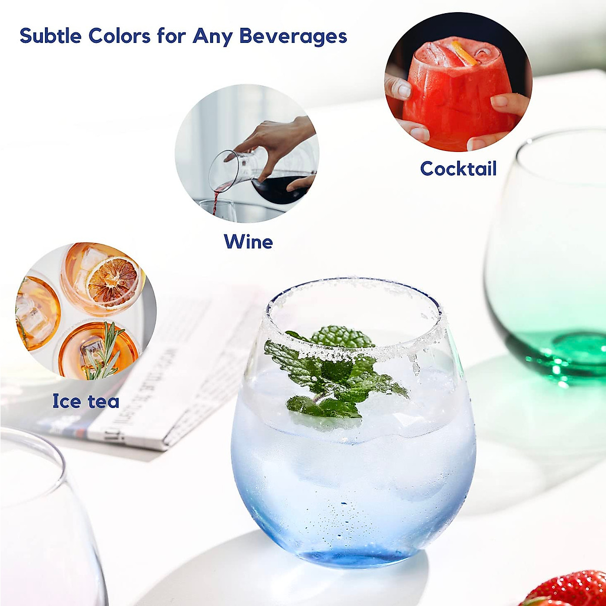 ColoVie 15 oz Stemless Wine Glasses Set of 6, Large Colored Wine Glasses, Short Wine Glass Set for Red Wine, White Wine, No Stem Margarita Glasses