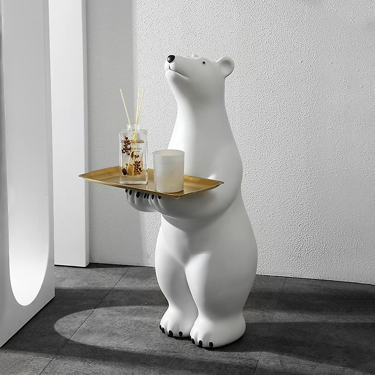 Pearlead Resin Polar Bear Sculpture with Metal Tray Animal Figurine Ornament Standing Statue Candy Dish Decorative Tray for Keys Home Office Hotel Decoration Holding