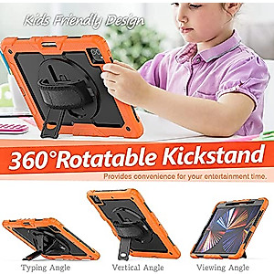 CLARKCAS Case for iPad Pro 12.9 inch Case 6th 2022 2021 5th Generation iPad Pro 12.9 Inch 2020 4th Gen with Screen Protector Pencil Holder Kids Shockproof Silicone Cover 360 Stand Hand Strap Orange
