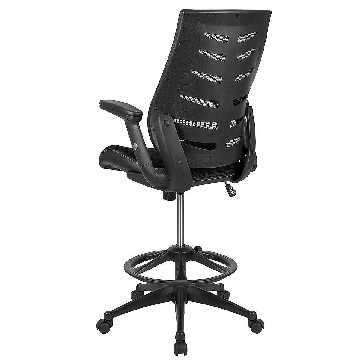 Flash Furniture High Back Black Mesh Spine-Back Ergonomic Drafting Chair with Adjustable Foot Ring and Adjustable Flip-Up Arms