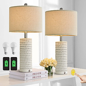 PORTRES 24" Farmhouse 3-Way Dimmable Touch Ceramic Table Lamp Set of 2 for Bedroom White Bedside Lamps with USB A+C Charging Ports for Living Room Nightstand Lamp End Table Lamps
