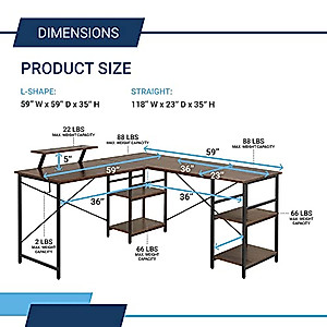 Techni Mobili Office Desk - Reversible L Shaped Desk with Storage Shelves, Monitor Stand & Accessory Holder - Ergonomic & Industrial Workstation Corner Table with Durable Steel Frame, Walnut