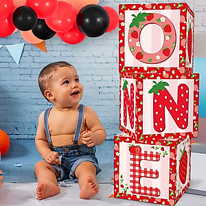 chiazllta 3Pcs Strawberry 1st Birthday Party Decorations Supplies Strawberry Themed One Balloon Boxes Backdrop Blocks Decor Berry First Red One Birthday Party Decoration for Kids Girls Baby Shower