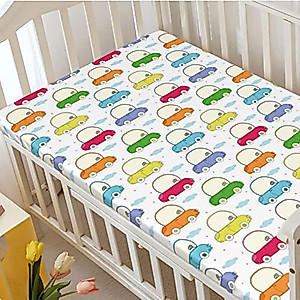 Cars Themed Fitted Crib Sheet,Standard Crib Mattress Fitted Sheet Ultra Soft Material-Crib Mattress Sheet or Toddler Bed Sheet, 28“ x52“,Multicolor