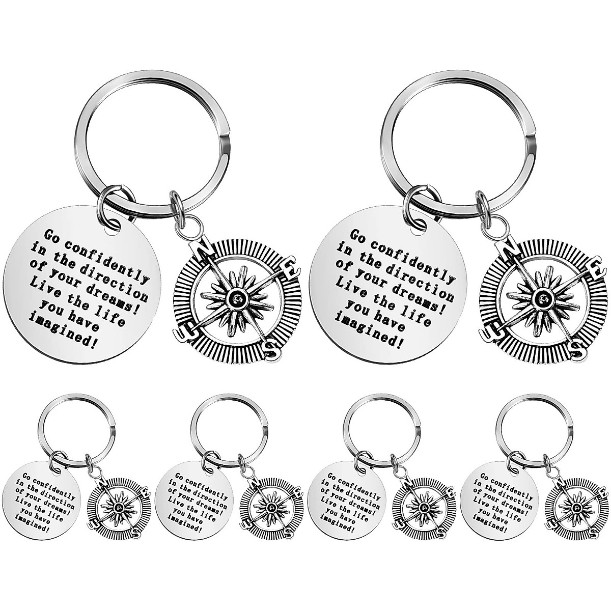 Junkin 6 Pcs Inspirational Keychains Gift, Inspirational Quotes, Go Confidently in the Direction of Your Dreams Compass Key Chain for Employee Appreciation Encouragement Gifts