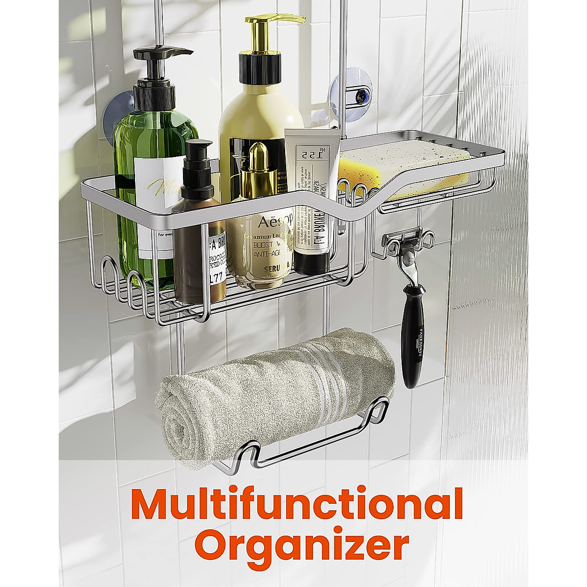 Amada Hanging Shower Caddy, Shower Caddy Over Shower Head, Rustproof Stainless Steel Shower Organizer with Soap Holder & Hooks, Shower Rack for Shampoo, Sponges, Towels, No Drilling Required, Silver