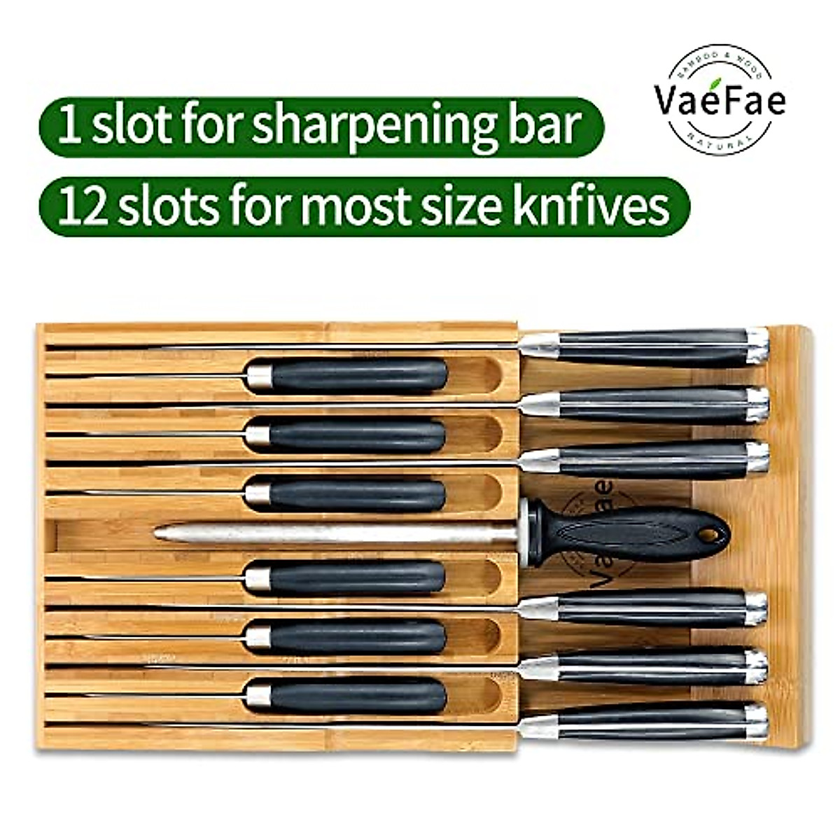 In-Drawer Knife Block, Bamboo Knife Drawer Organizer Insert, Kitchen Knife Holder Drawer for 12 Knives PLUS a Slot for your Knife Sharpener (Without Knives)