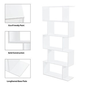 Function Home 5-Tier Geometric Bookcase, Freestanding S Shaped Bookshelf, Modern Multifunctional Display Shelves, White Book Shelf for Bedroom Living Room