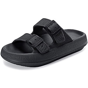 Weweya Slides for Men Women Pillow Slippers Double Buckle Adjustable EVA Flat Sandal Black Women Size 5.5 6 6.5