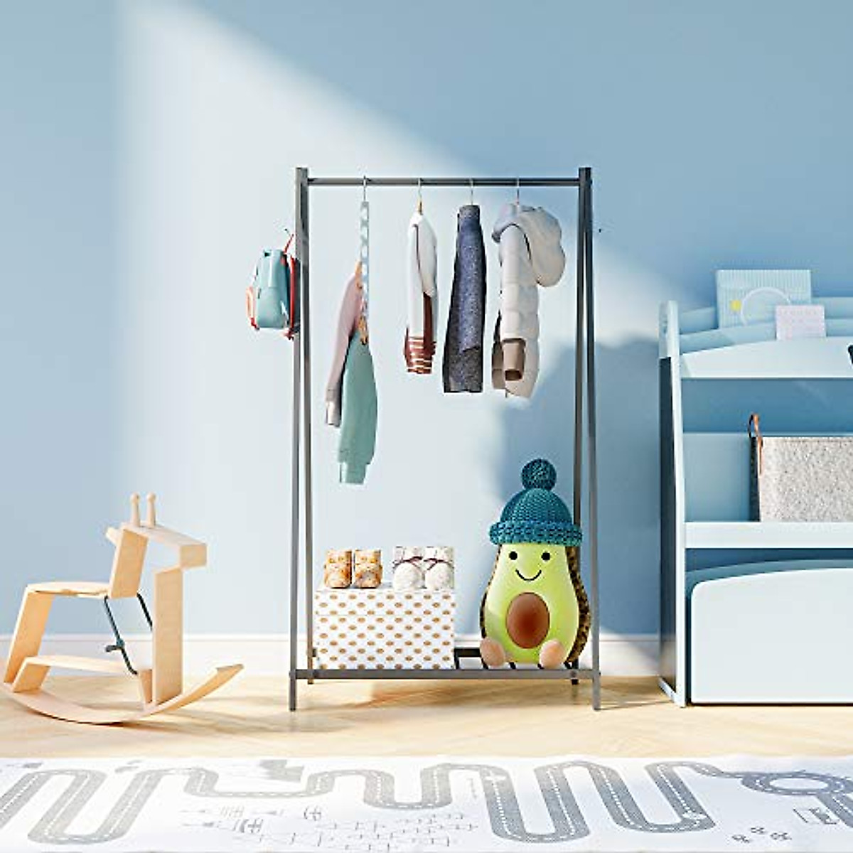 Bestier Kids Clothing Rack, Kids Garment Rack with Storage Shelf, Steel Costumes Clothes Hanging Rack, Small Clothes Rack with Hooks, Black