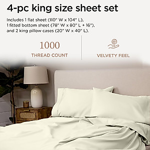 Threadmill Certified 100% American Supima Cotton Sheets, King-Sheets, 1000 Thread Count, 4 Piece Luxury Bed Sheets Set, Hotel Quality Sateen Weave, Ivory Sheets with Elasticized Deep Pocket