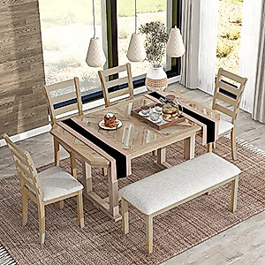 Goohome 6-Piece Rubber Dining Table Set, with Beautiful Grain Pattern Tabletop Solid Veneer and Soft Cushion, Bench Family Furniture for Home, Apartment, Kitchen, Natural Wood Wash