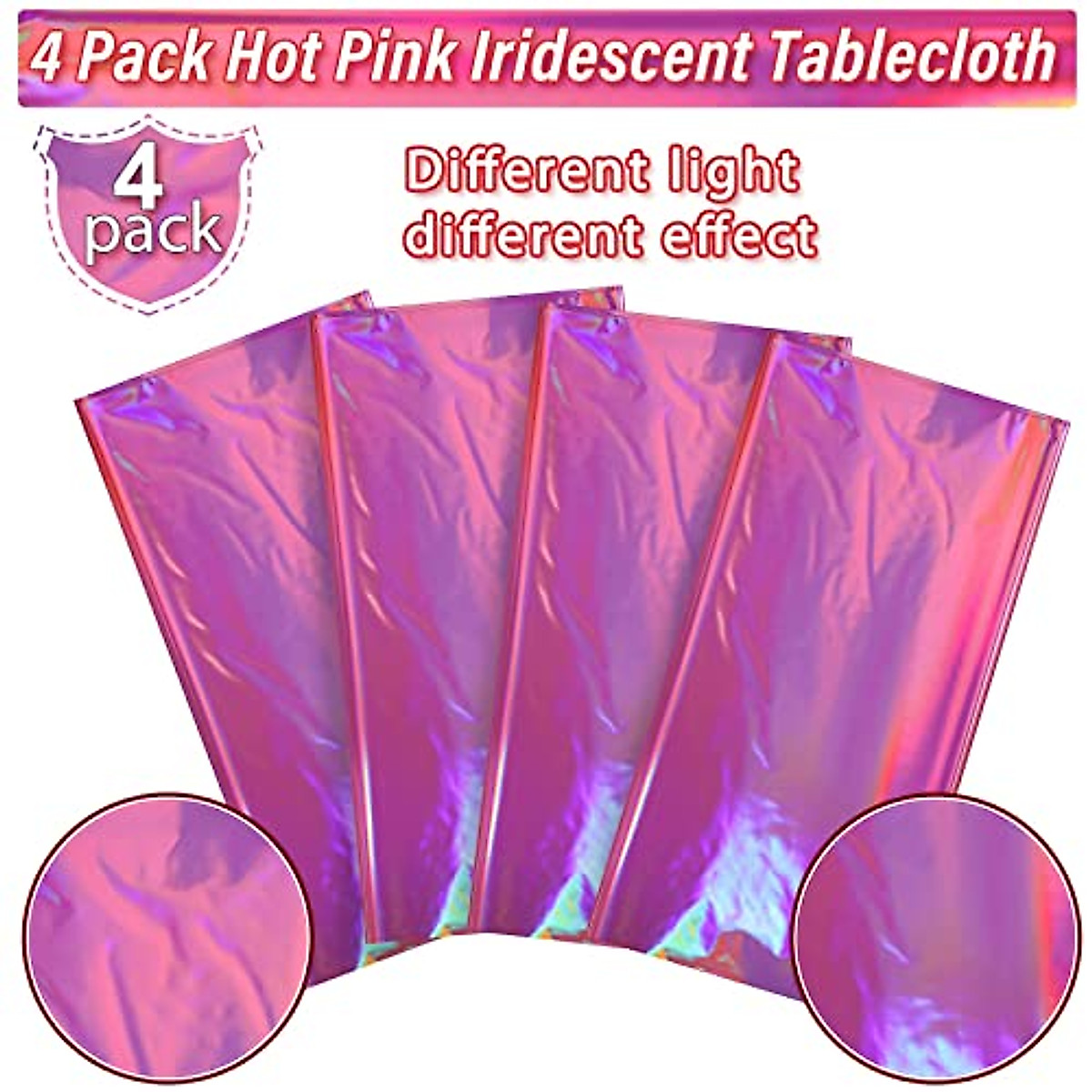 4 Pack Hot Pink Iridescence Plastic Tablecloths Shiny Disposable Laser Rectangle Table Covers Holographic Foil Tablecloth Party Decorations Birthday Bridal Wedding Christmas, 54 x 108 Inch