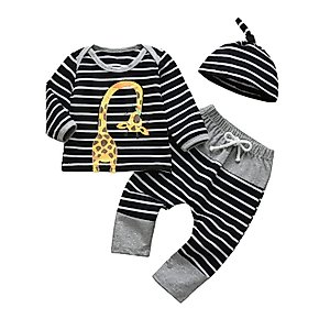 3PCS Newborn Baby Boy Clothes Giraffe Printed Long Sleeve Stripe T-Shirt Pants and Hat Outfit Set Newborn