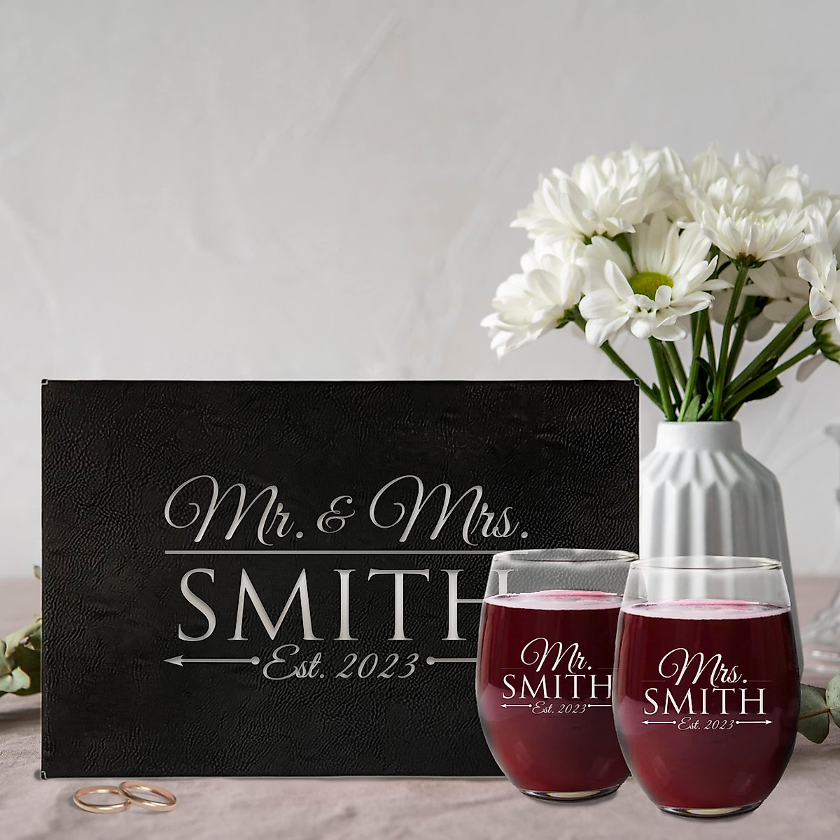 Mr and Mrs Wine Stemless Glasses - Personalized Engraved Wedding for Couples - Custom Monogrammed - Set of 2