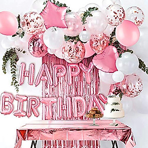 MOVINPE Pink Birthday Party Decoration, Happy Birthday Banner, Rose Gold Fringe Curtain, Foil Tablecloth, Heart Star Foil Confetti Balloons, 10g Table Confetti for Women Girl Birthday Party