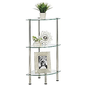 mDesign Bathroom Floor Storage Corner Tower, 3 Tier Open Glass Shelves - Compact Shelving Display Unit - Multi-Use Home Organizer for Bath, Office, Bedroom, Living Room - Clear/Chrome Metal