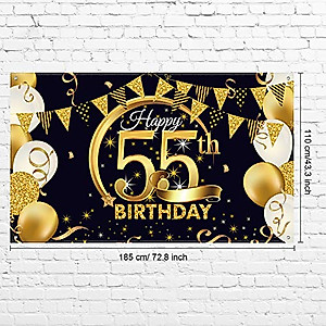Birthday Party Decoration Extra Large Fabric Black Gold Sign Poster for Anniversary Photo Booth Backdrop Background Banner, Birthday Party Supplies,72.8 x 43.3 Inch (55th)