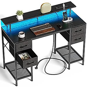 Huuger 47 inch Computer Desk with 4 Drawers, Gaming Desk with LED Lights & Power Outlets, Home Office Desk with Large Storage Space for Bedroom, Work from Home, Black