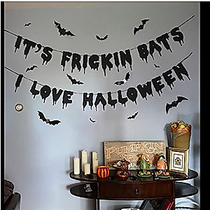 Black Glittery It's Frickin Bats I Love Halloween Banner- Halloween Theme Party Decorations,Halloween Party Supplies,Mantle Home Decor,Yard Decor