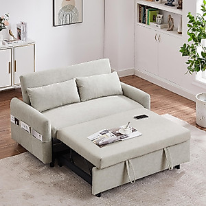 Merax 55.1" W Convertible Sofa Bed with Adjustable Backrest,2 Pillows,USB Ports and 6 Storage Side Pockets,Pull-Out Sleeper Sofabed Microfiber Loveseat Couch for Living Room, Bedroom, Apartment,Beige